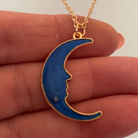 Jewelry | Trendy Gold Tone Blue Crescent Moon Necklace | Poshmark